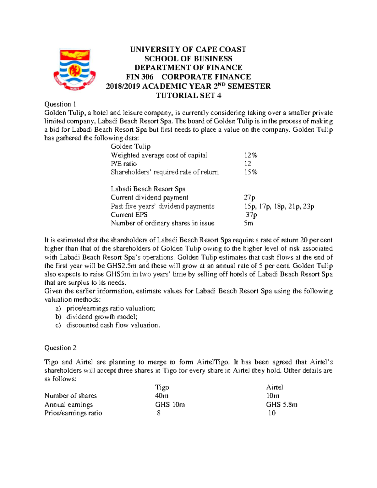 Corporate Finance Tutorial Questions - UNIVERSITY OF CAPE COAST SCHOOL ...