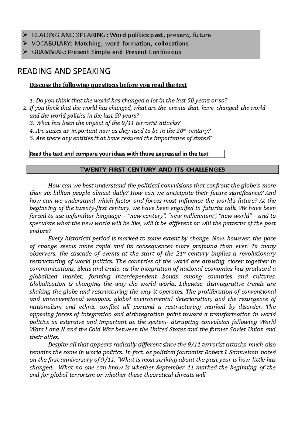 21st century and its challenges - READING AND SPEAKING Discuss the ...