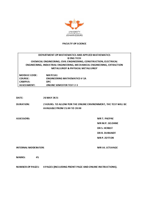 UJ - Engineering Mathematics 1A - Studocu