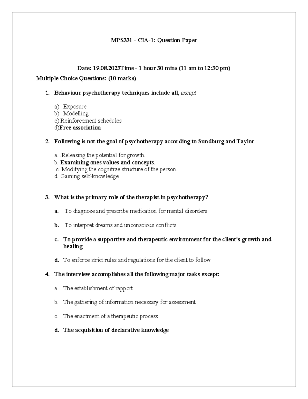 CIA answer key Psychotherapy-1 - MPS331 - CIA-1: Question Paper Date ...