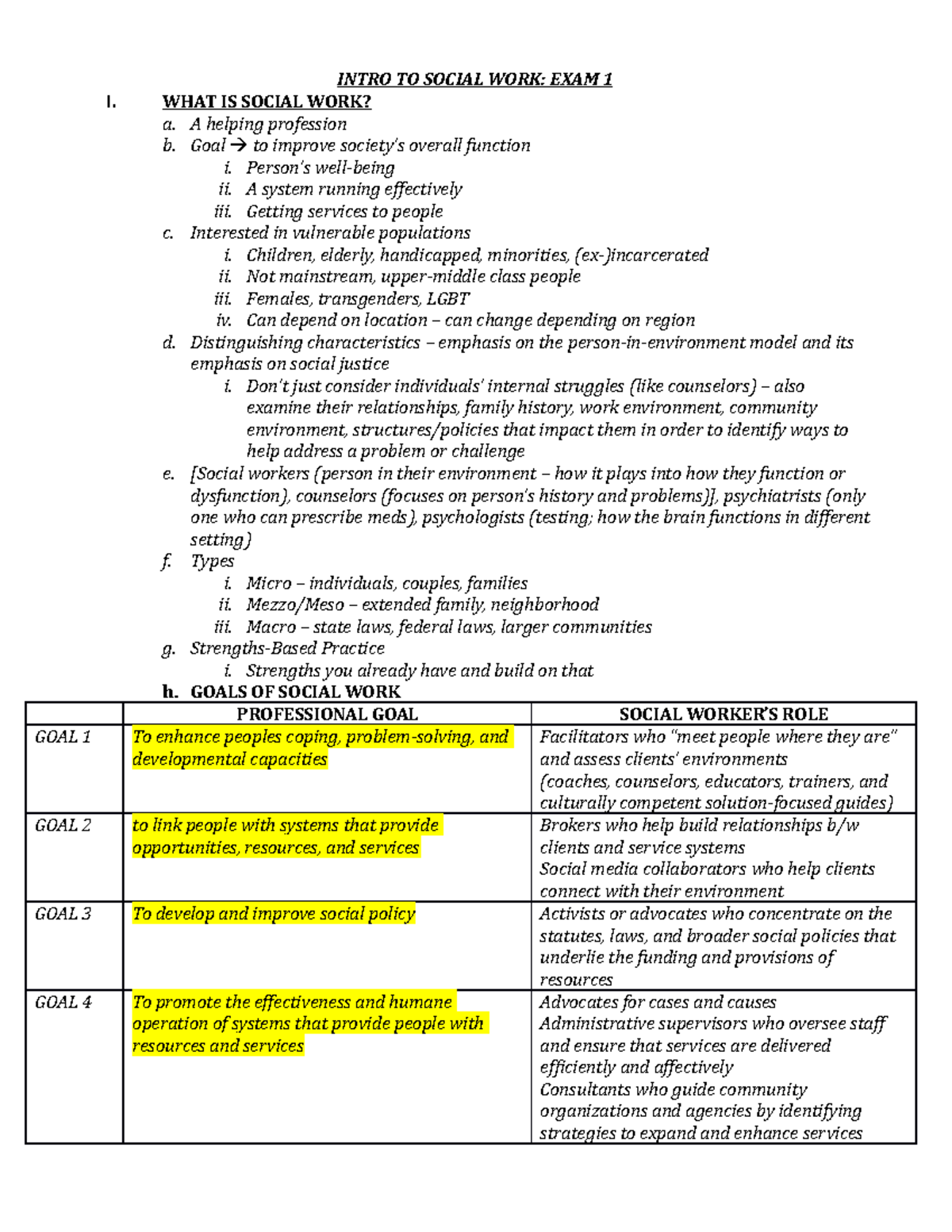 2018-Intro to Social Work-Exam 1 Notes - INTRO TO SOCIAL WORK: EXAM 1 I ...