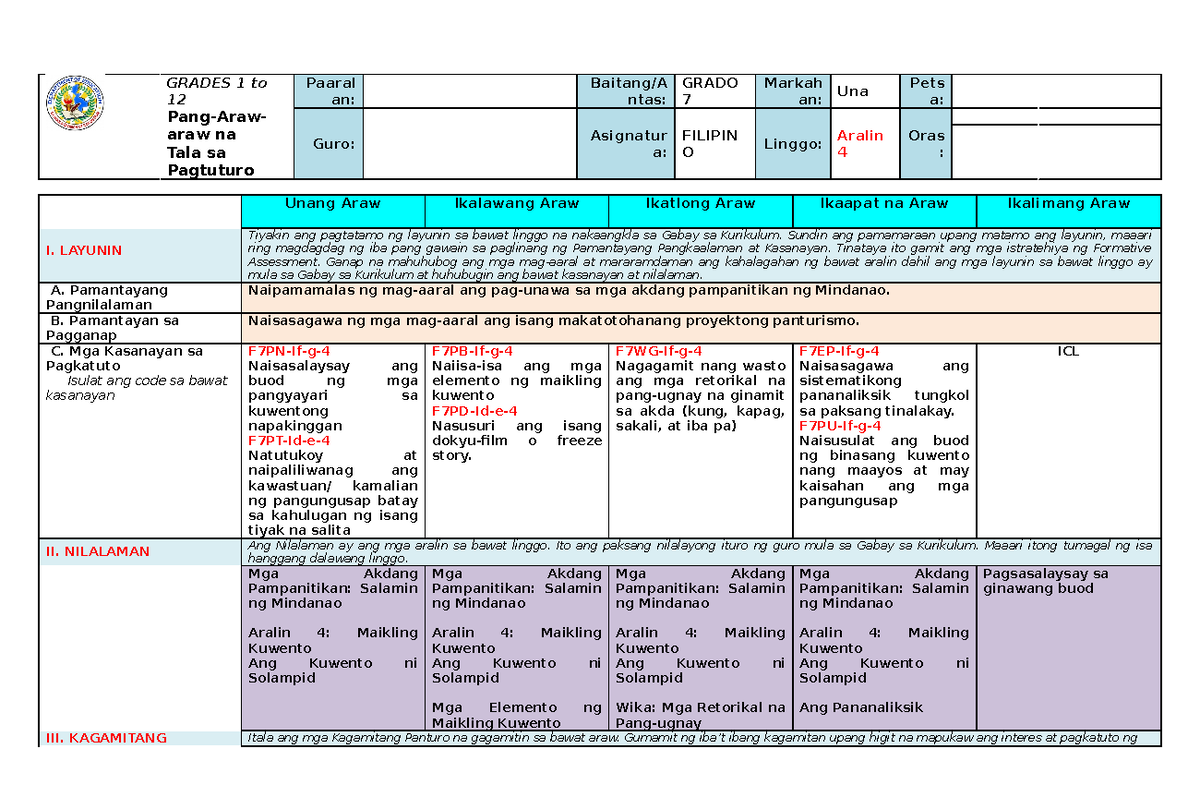 Aralin 1 - Dll - GRADES 1 to 12 Pang-Araw- araw na Tala sa Pagtuturo ...