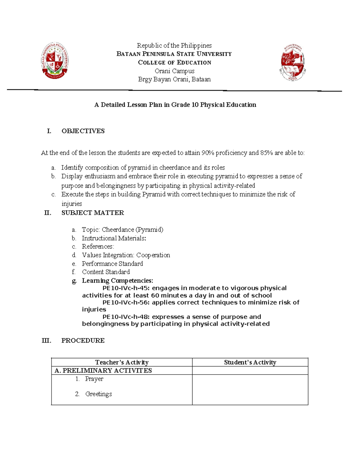 Format-FOR-DLP - Republic of the Philippines BATAAN PENINSULA STATE ...