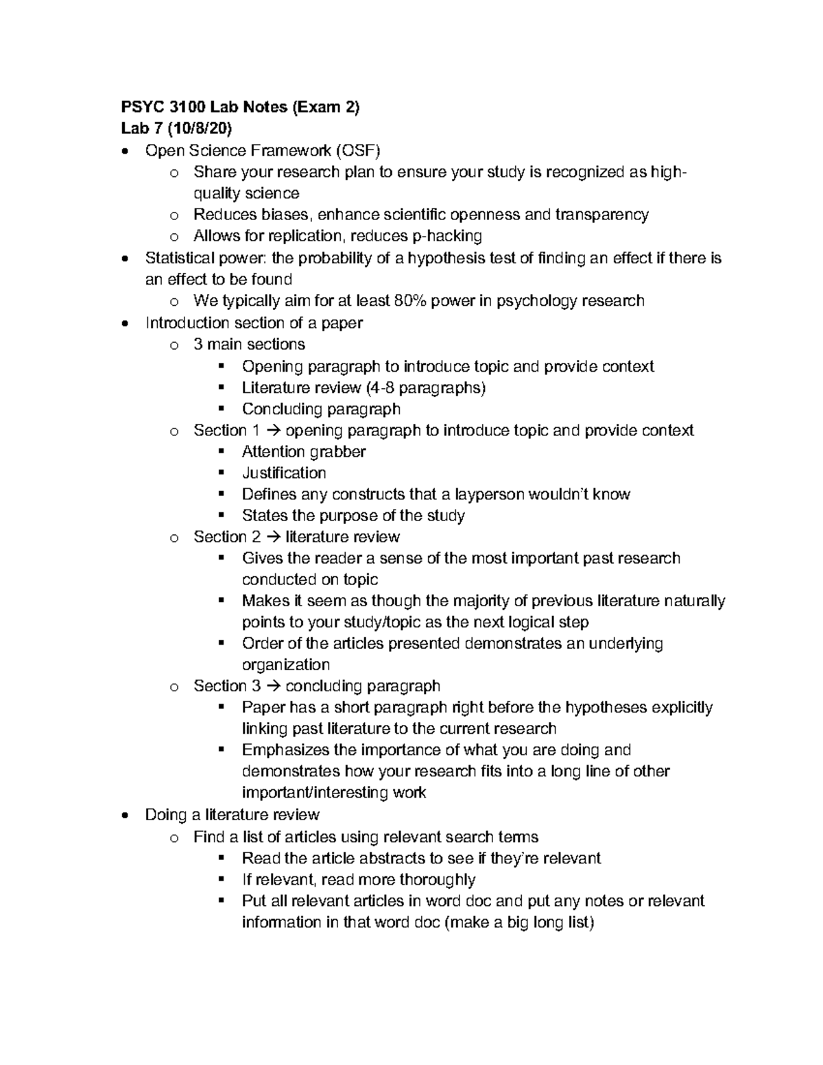 Exam 2 PSYC 3100 Lab Notes - PSYC 3100 Lab Notes (Exam 2) Lab 7 (10/8 ...