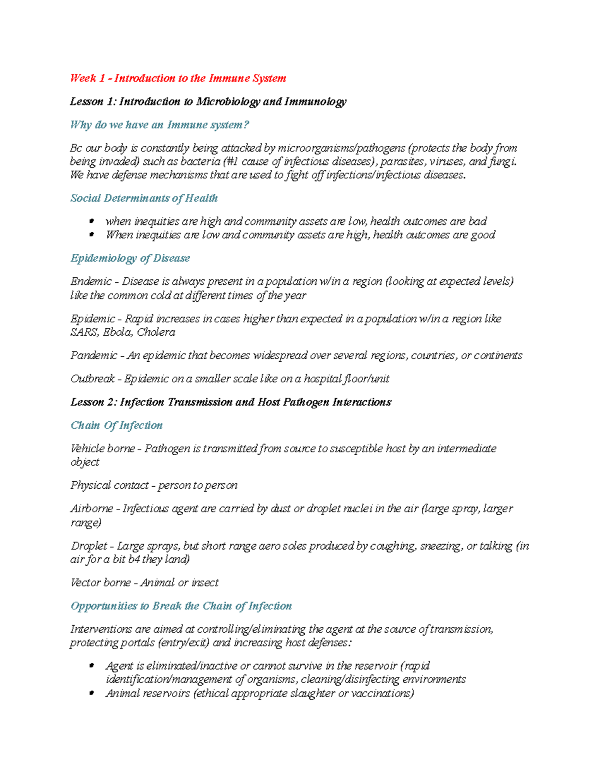 midterm 1 notes - Week 1 - Introduction to the Immune System Lesson 1 ...