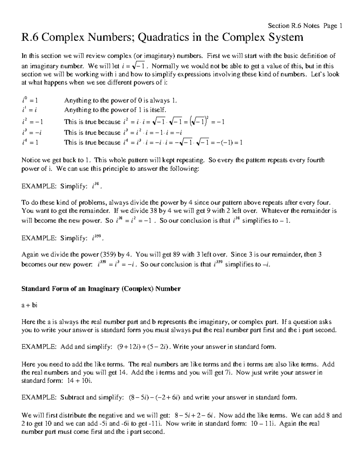 R 6 Notes 126M - Section R Notes Page 1 R Complex Numbers; Quadratics ...