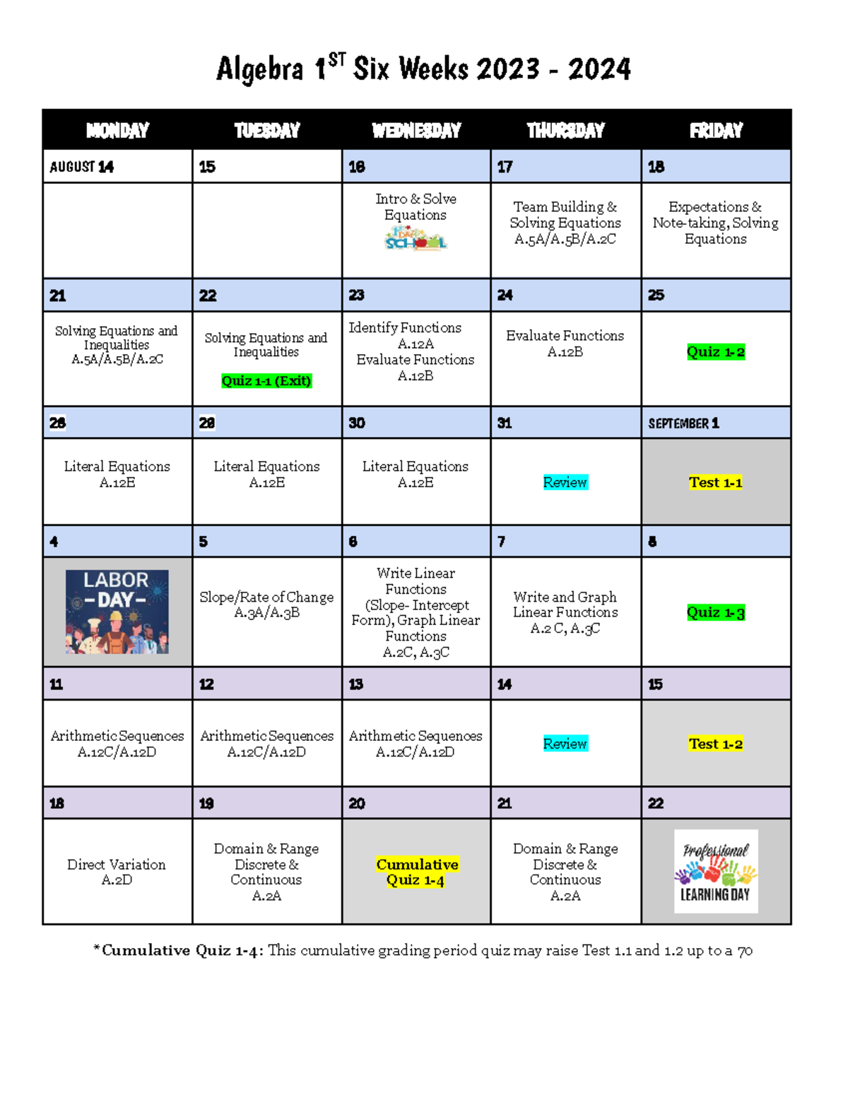 1st Six Weeks Calendar Algebra - Algebra 1 ST Six Weeks 2023 - 2024 ...
