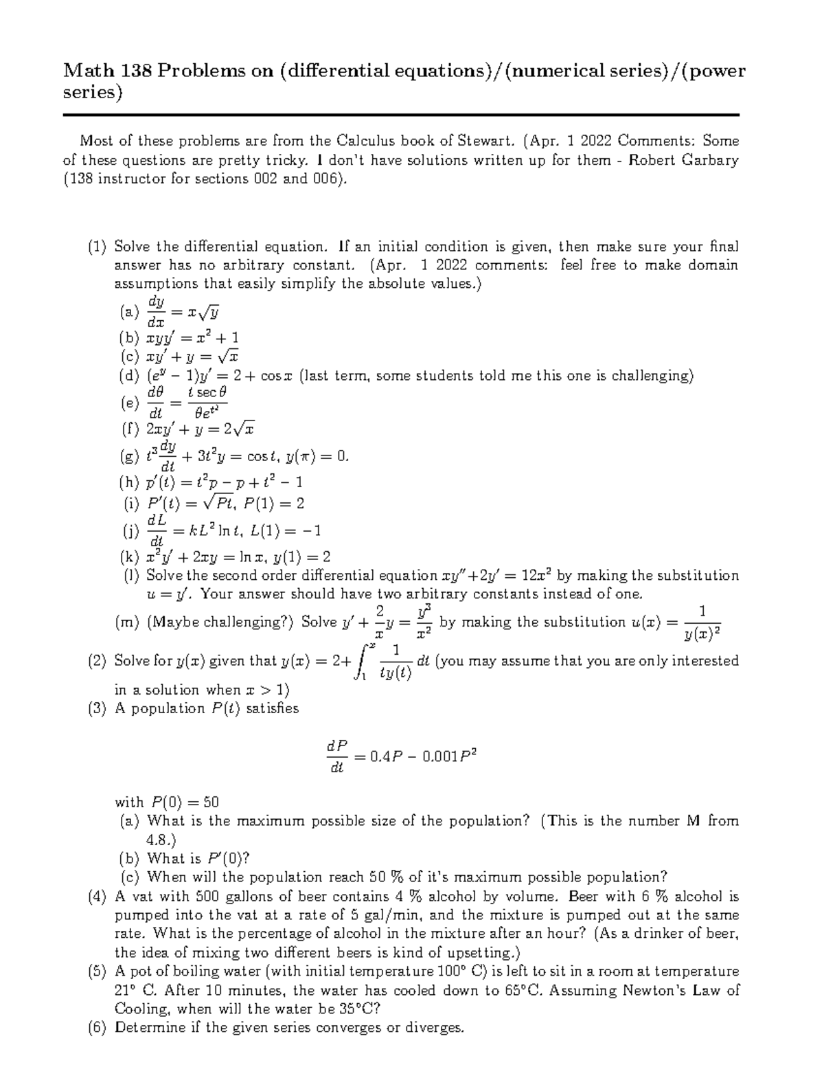 Extra problems - Diff eqs practice set - Math 138 Problems on ...