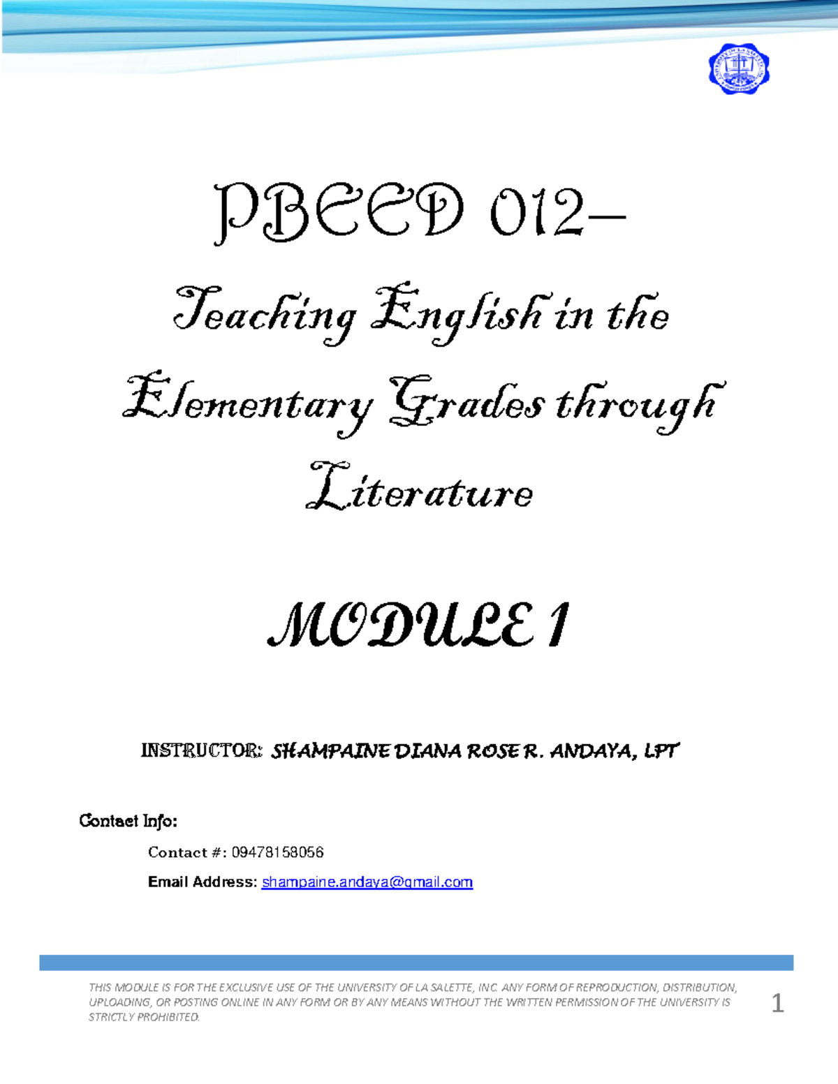 Module 1 Hallmarks of Childrens Literature - THIS MODULE IS FOR THE EXCLUSIVE USE OF THE ...