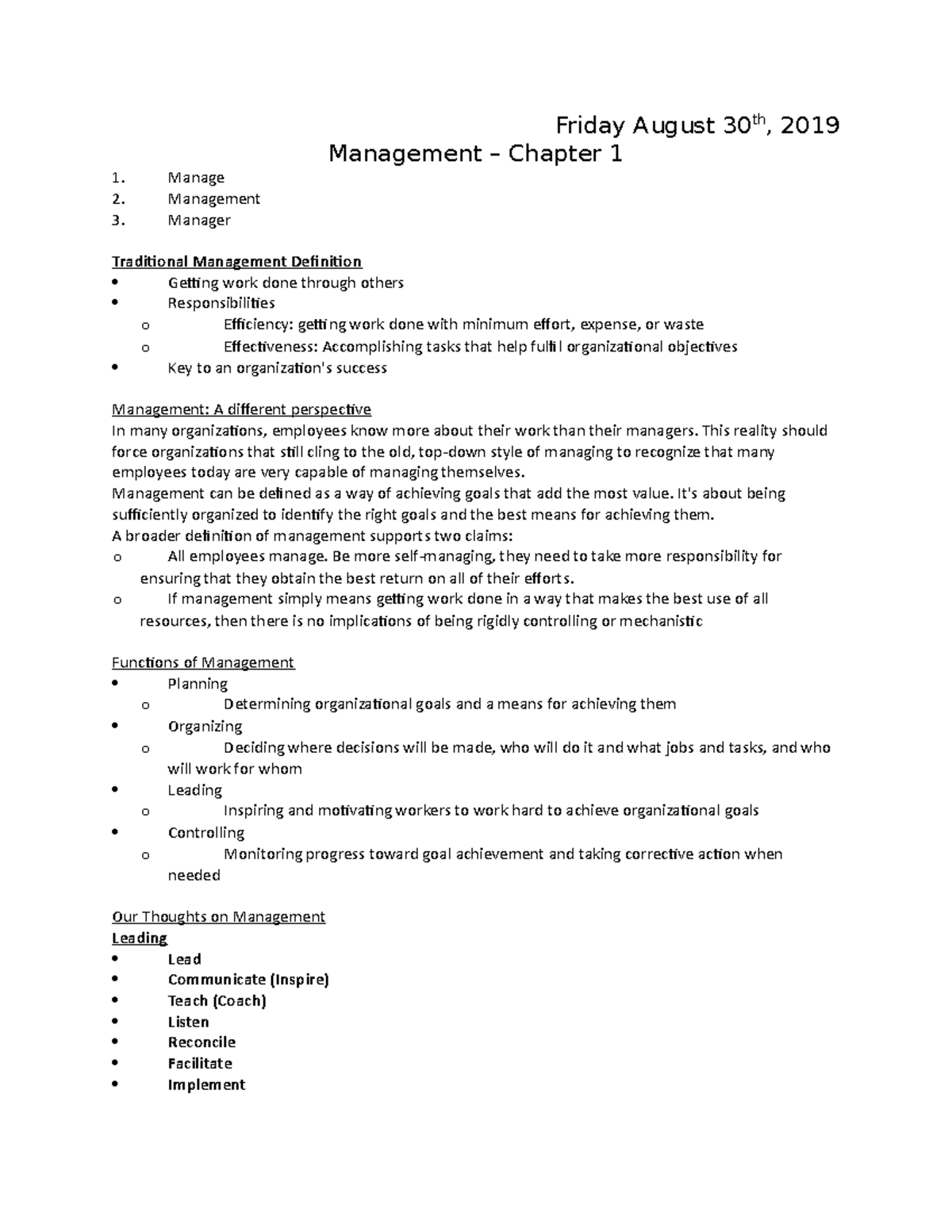 Management Chapter 1 - Lecture notes 1-5 - Friday August 30th, 2019 ...