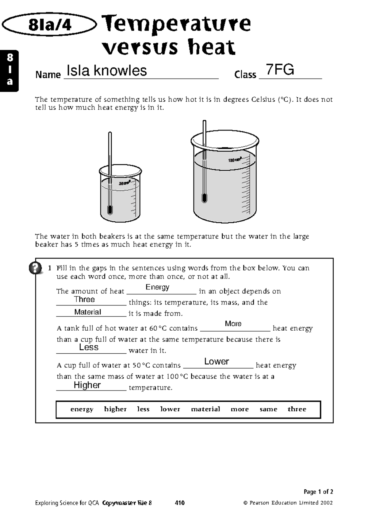 Temp v's heat questions - Exploring Science for QCA Copymaster File 8 ...