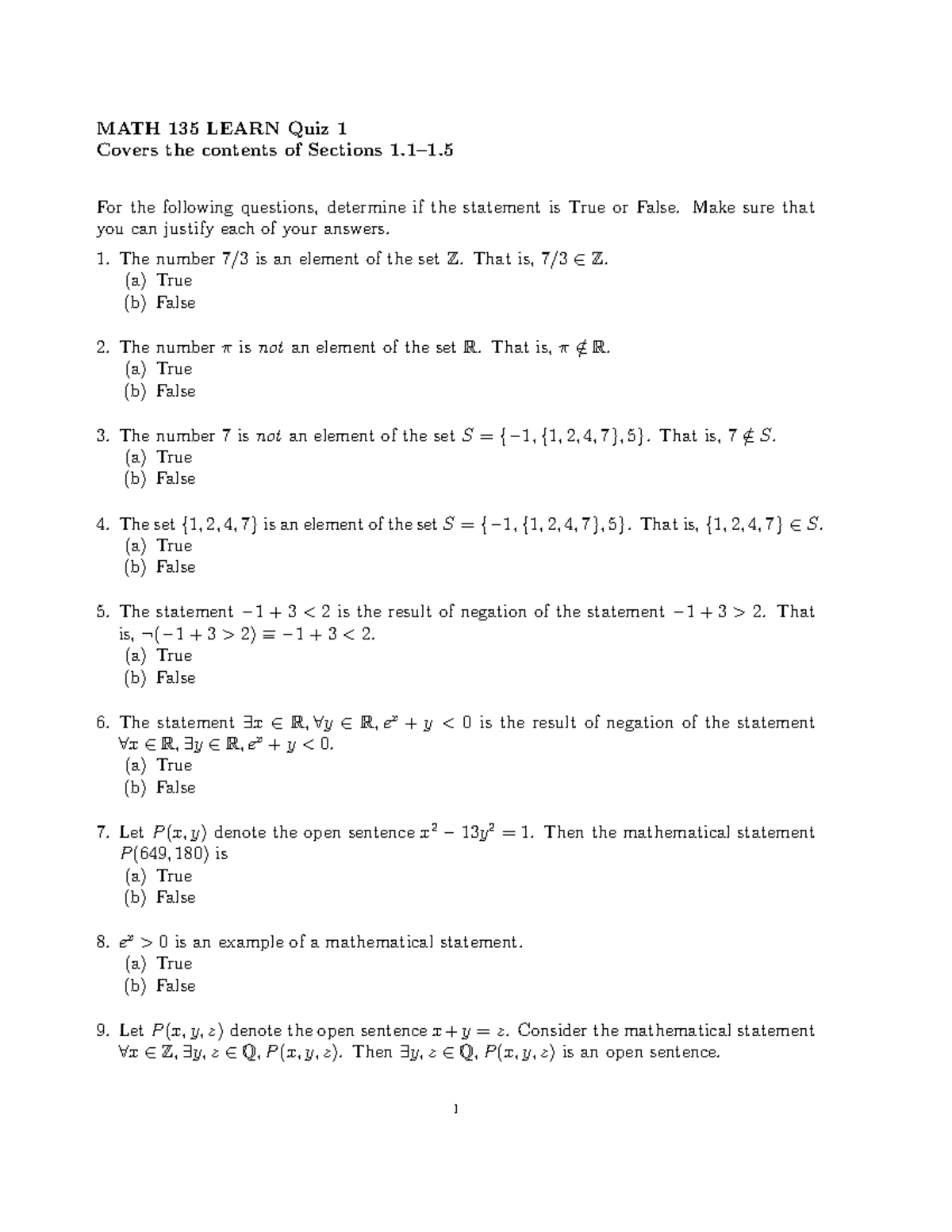 first chapter practice exescise - MATH 135 LEARN Quiz 1 Covers the ...