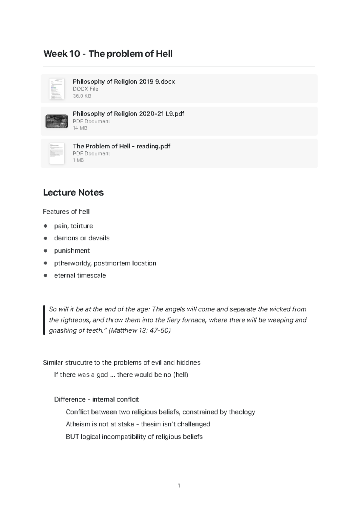 Week 10 - The problem of Hell - ” (Matthew 13: 47-50) Similar strucutre to the problems of evil ...