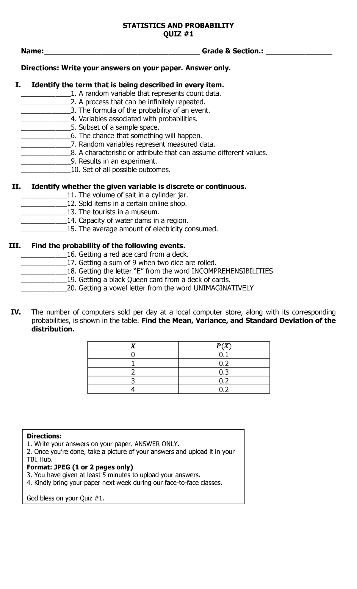 QUIZ 1 Statistics AND Probability - STATISTICS AND PROBABILITY QUIZ ...