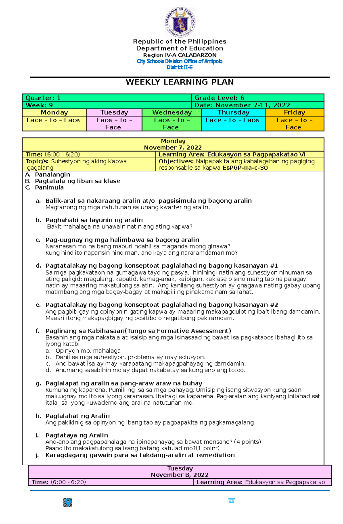ESP Weekly- Learning-PLAN Q2 W1 - Republic of the Philippines Department of Education Region IV ...