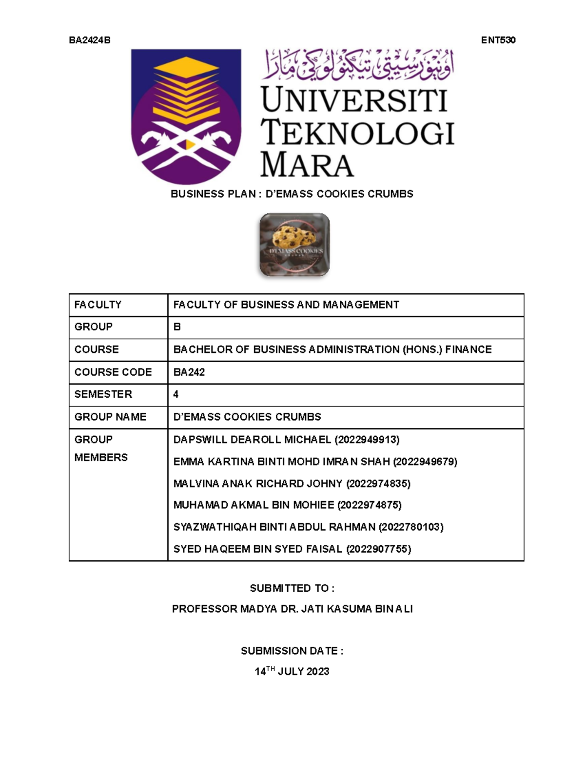 ENT530 Business PLAN -D' Emass Cookies - BUSINESS PLAN : D’EMASS ...