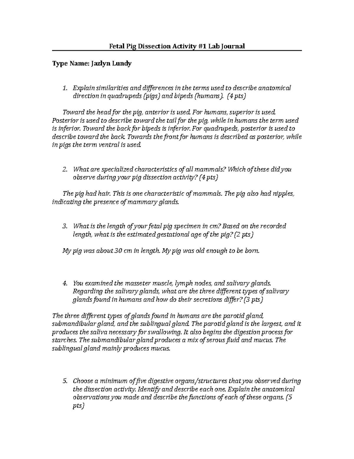 Fetal Pig Dissection Activity 1 Lab Journal Fetal Pig Dissection