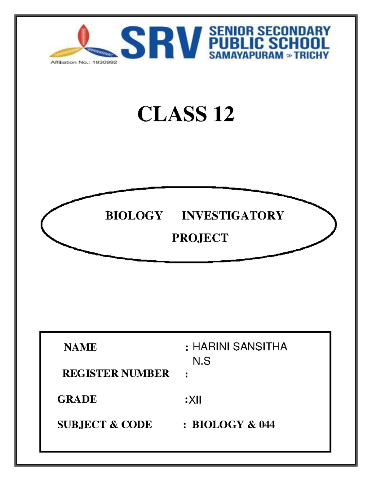 Class 12 Biology Project Front and Certificate Page - Biology SL ...