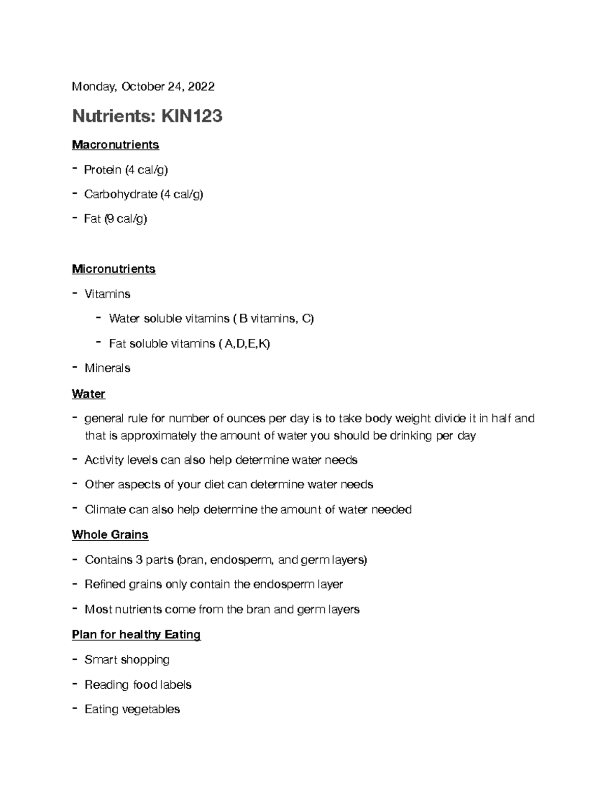 KIN 123 Nutrition Notes - Monday, October 24, 2022 Nutrients: KIN ...