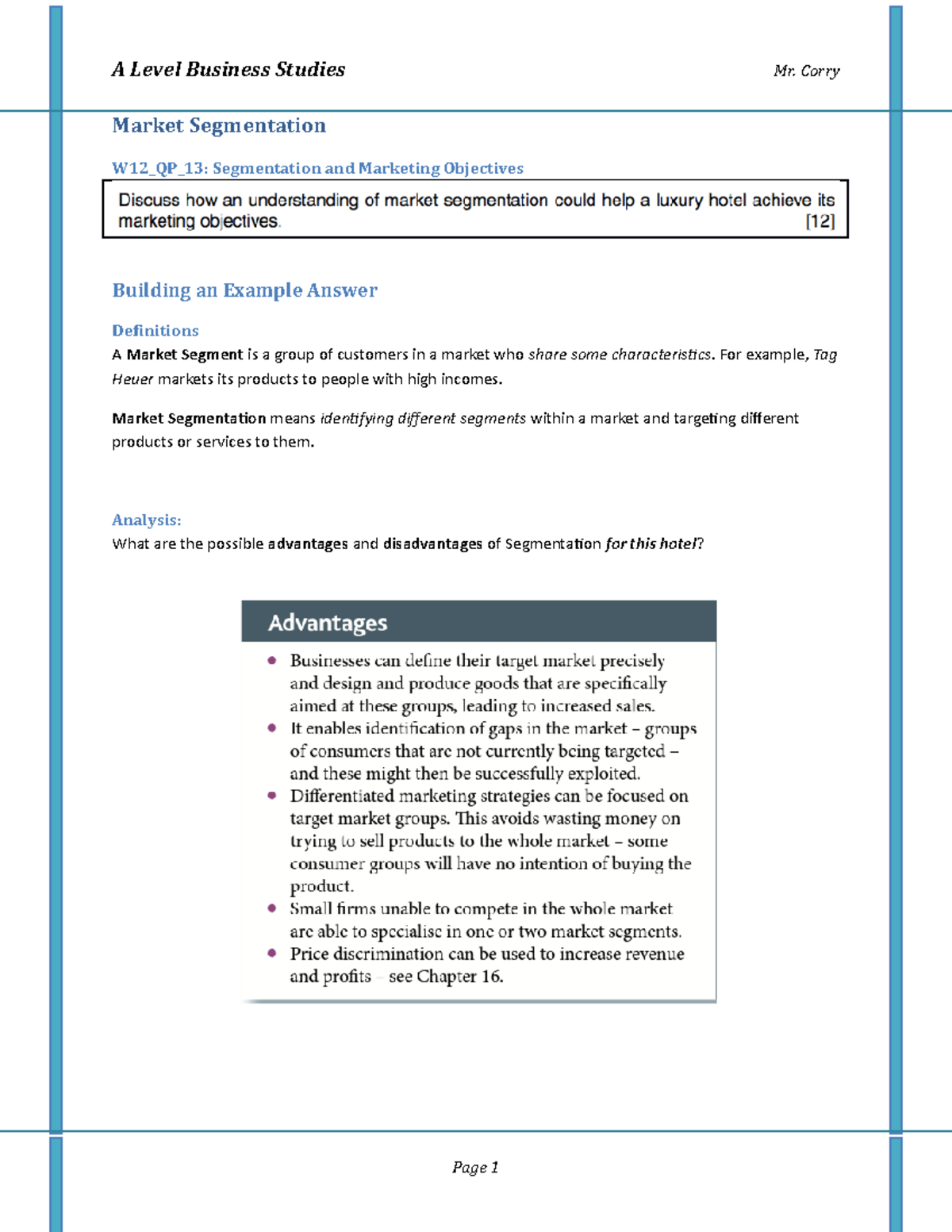 Market Segmentation Sample Answer - A Level Business Studies Mr. Corry ...