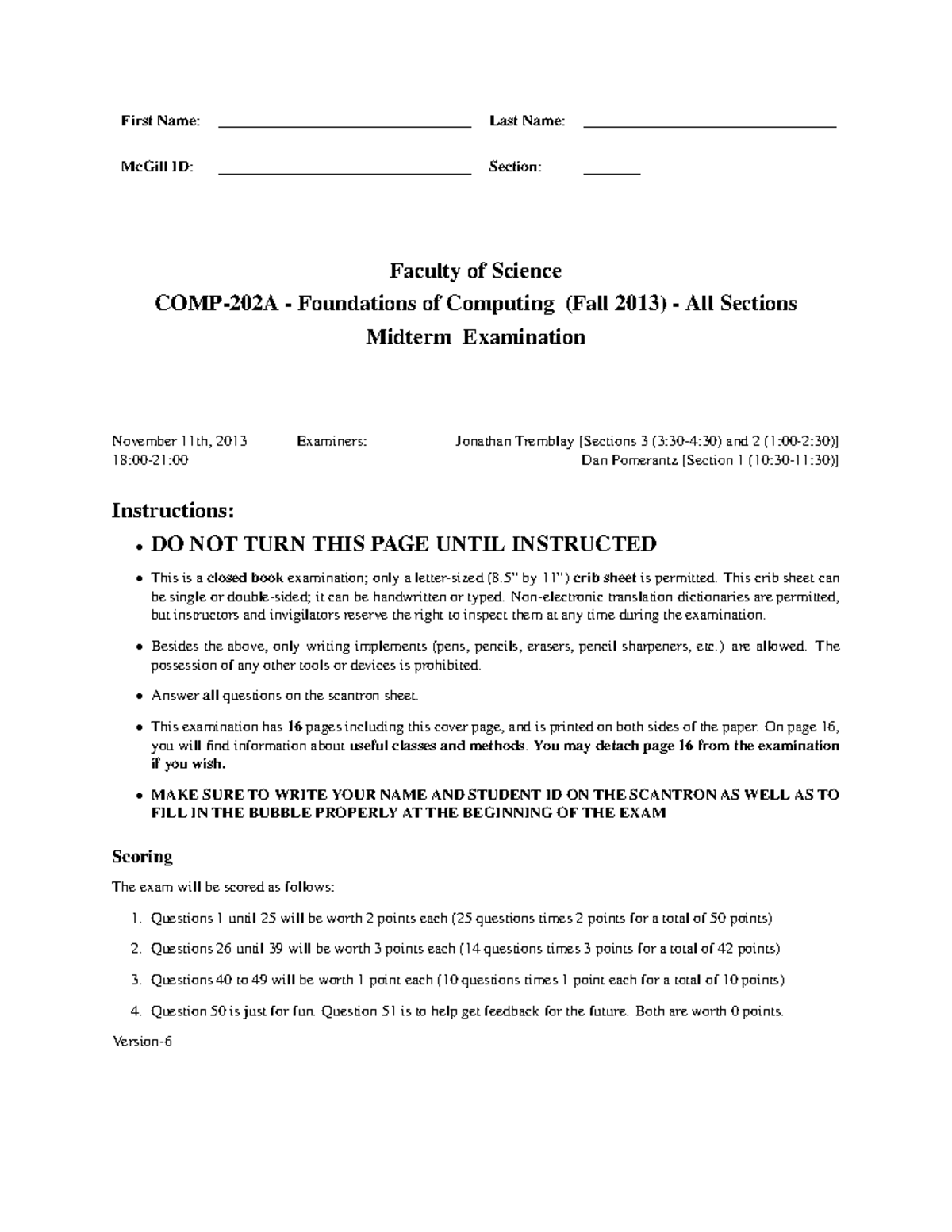 Comp 202 midterm - Practice/Exam - First Name: Last Name: McGill ID ...