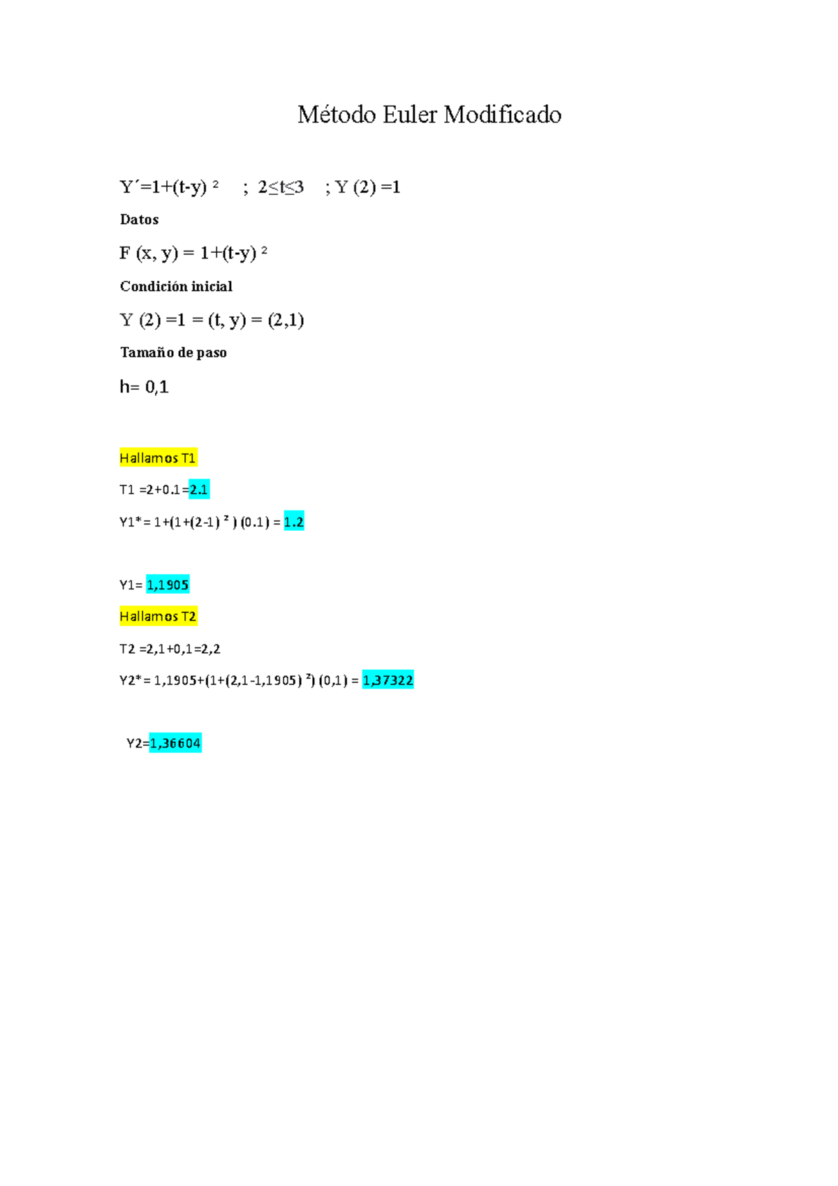 Método Euler Modificado - Método Euler Modificado Y ́=1+(t-y) ² ; 2≤t≤3 ; Y (2) = Datos F (x, y ...