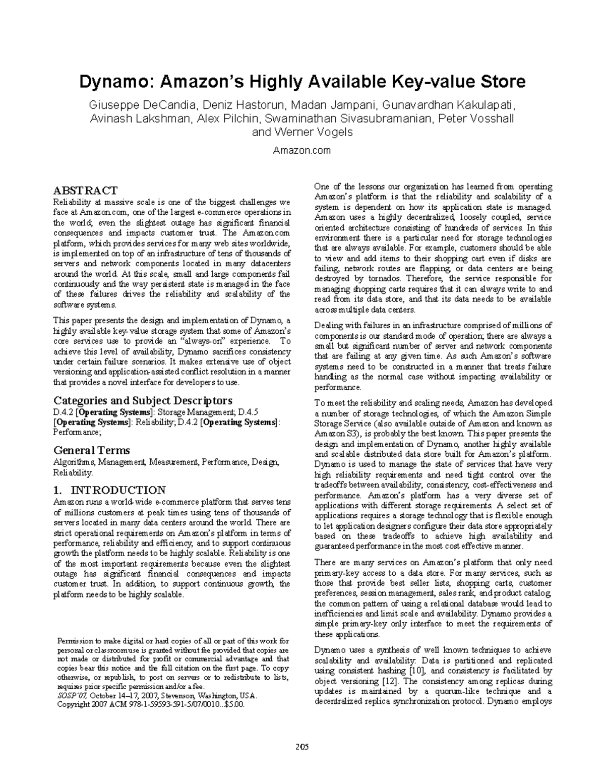 Dynamo Amazon’s Highly Available Key-value Store - Dynamo: Amazon’s ...