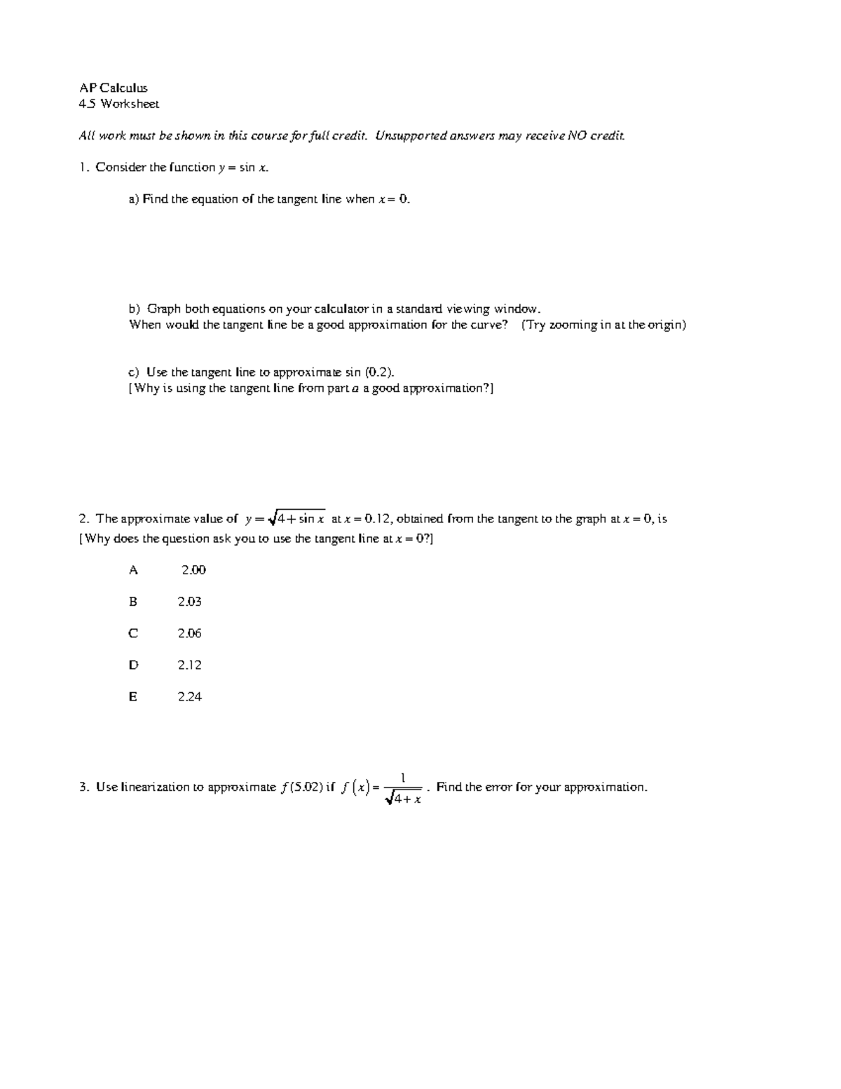 Calc - Chapter 4.5 and 4.6 Worksheet - AP Calculus 4 Worksheet All work ...