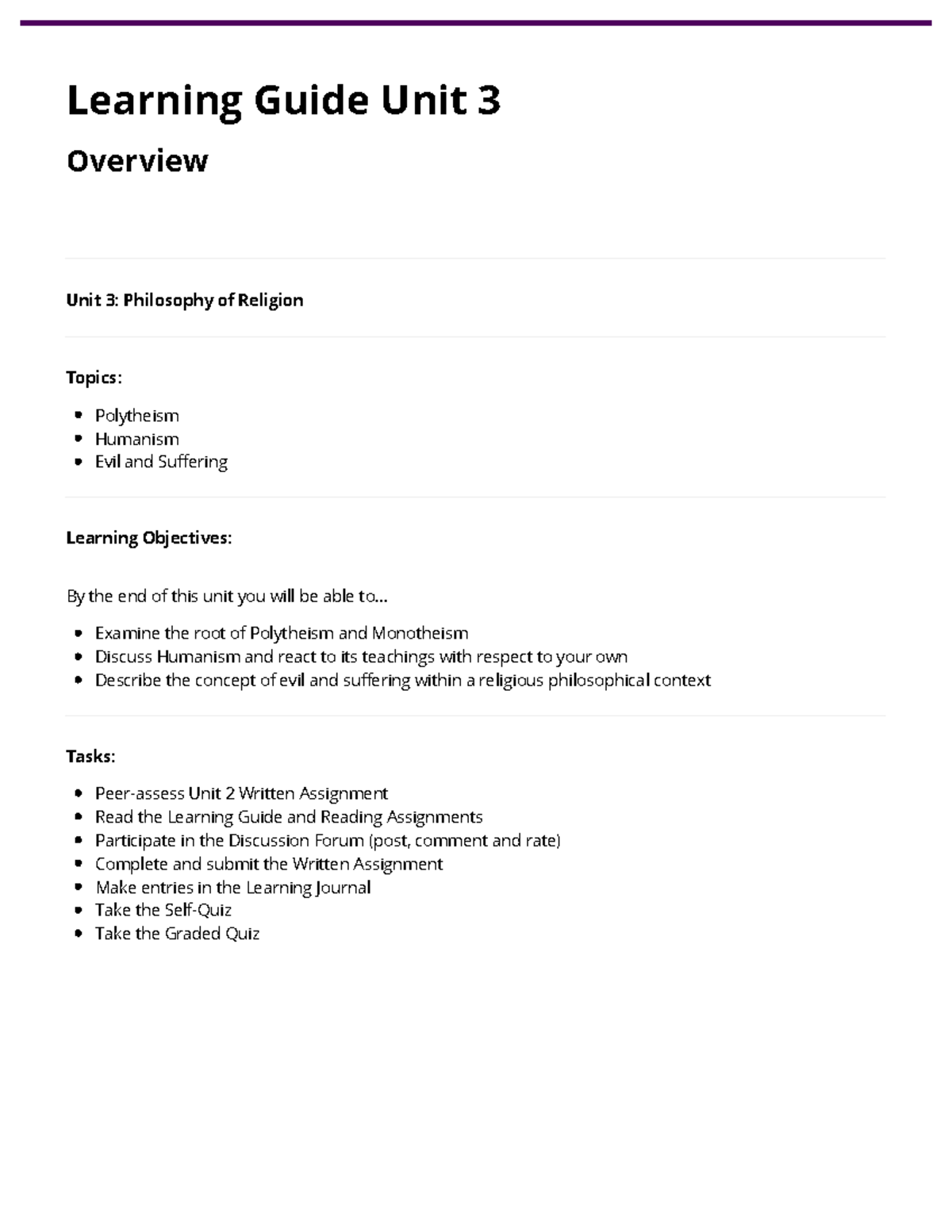 Learning Guide - Unit 3 - Overview Unit 3: Philosophy of Religion Topics: Polytheism Humanism ...