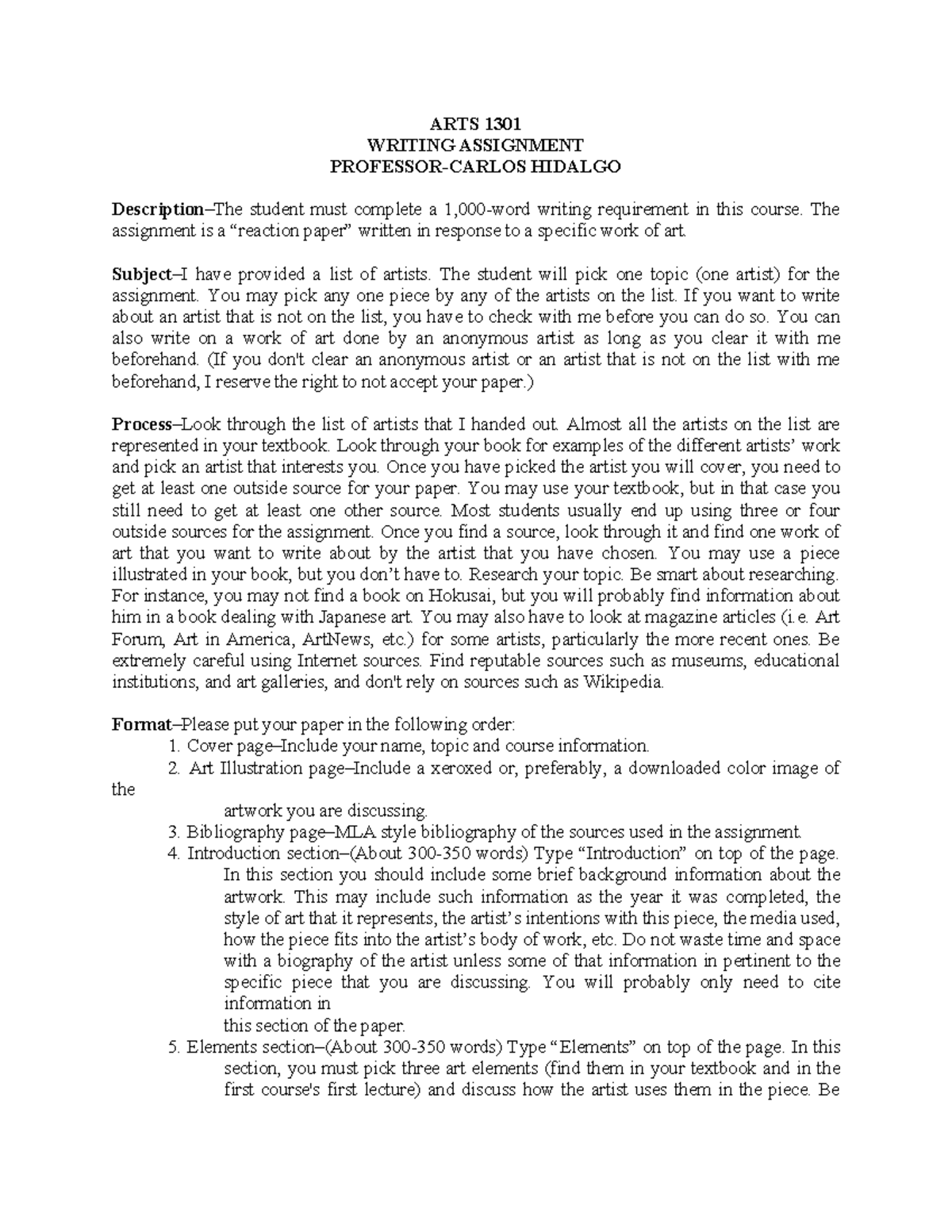 Writing assignment - ARTS 1301 WRITING ASSIGNMENT PROFESSOR-CARLOS ...