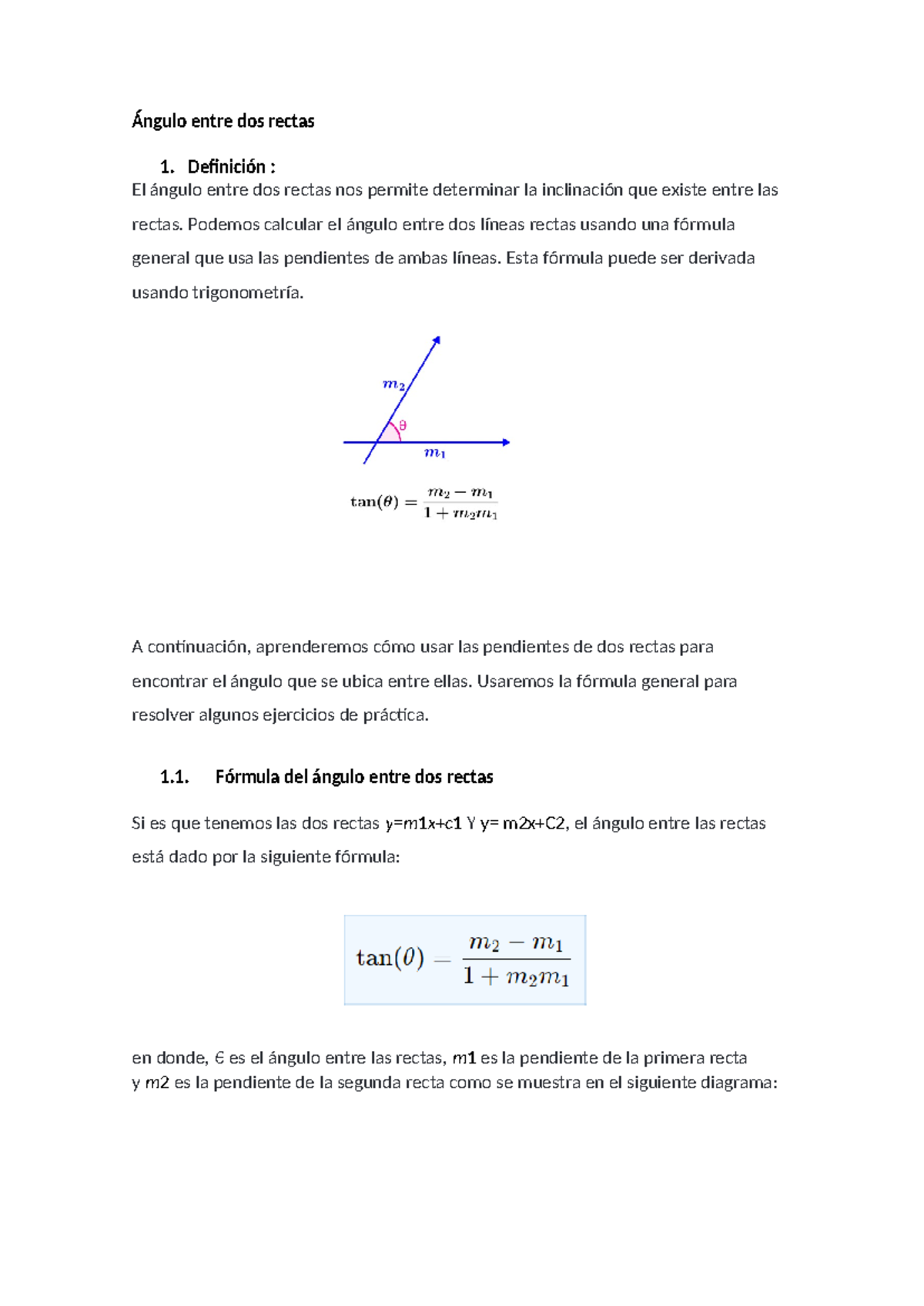 Ángulo entre dos rectas - Definición : El ángulo entre dos rectas nos ...