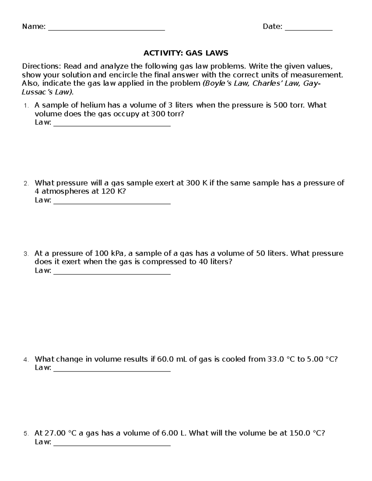 GAS LAW Problem Worksheet - Name: ________________________________ Date ...