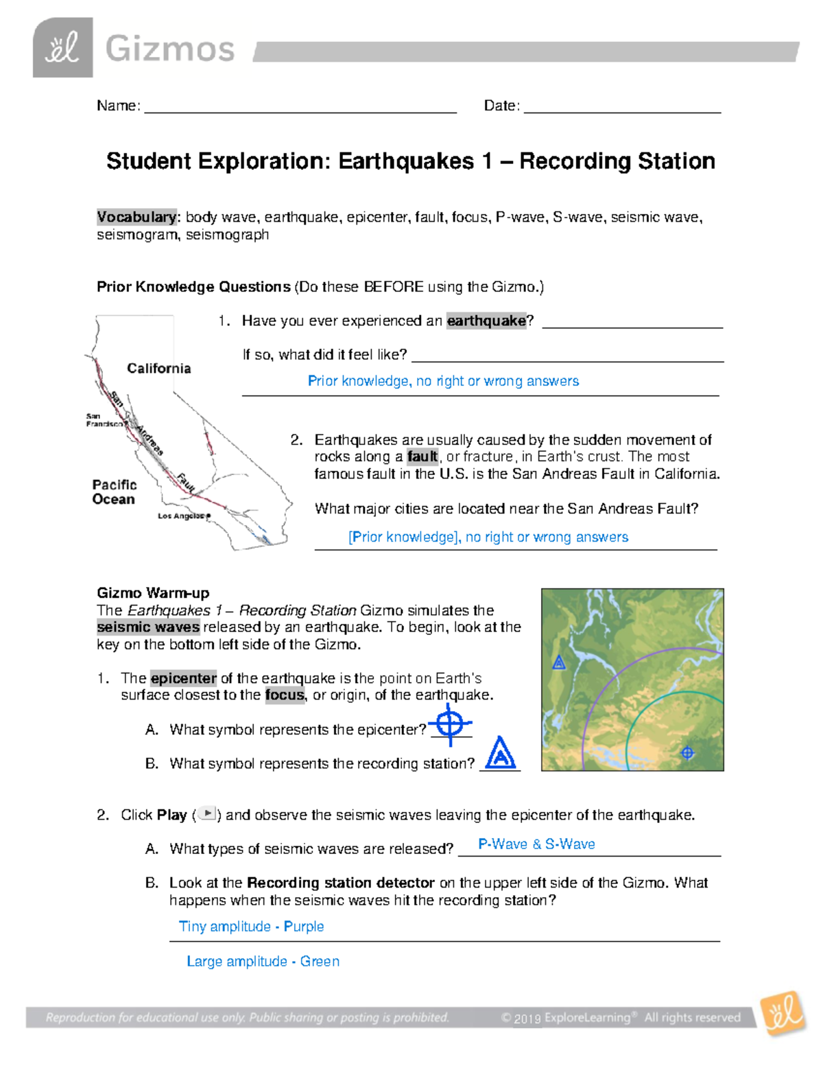 Earthquakes 1: Recording SE - Gizmo - Name ...