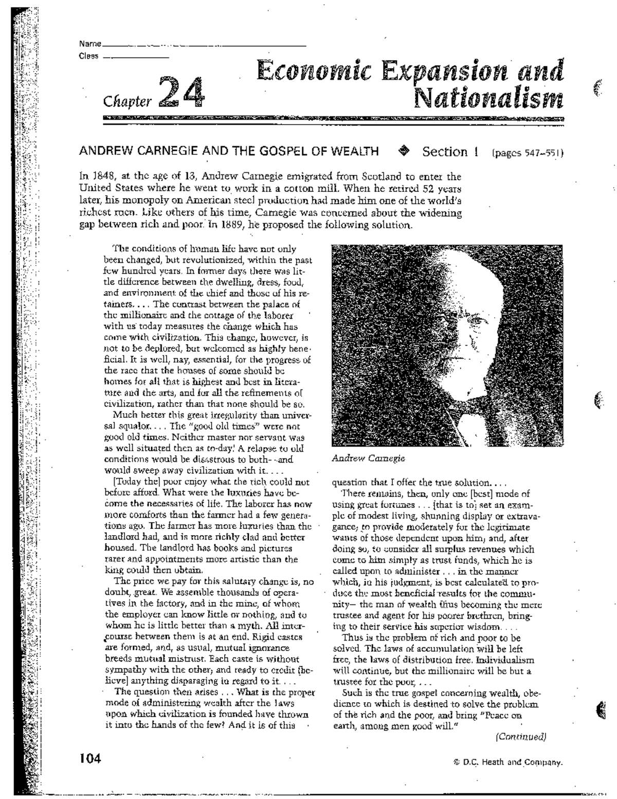 Gospel of Wealth Document - Name Class Economic Expansion and Chapter ...