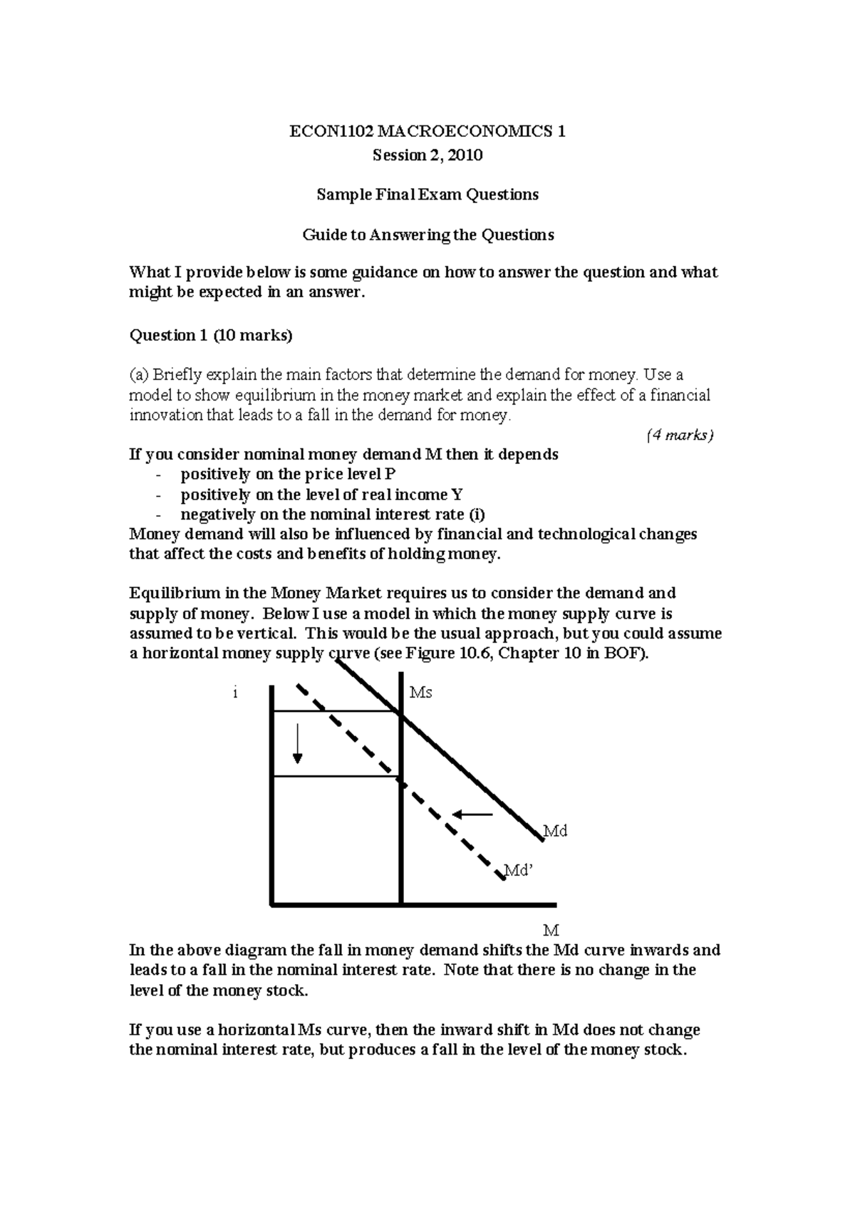 Sample/practice exam 2010, answers - ECON1102 MACROECONOMICS 1 Session ...