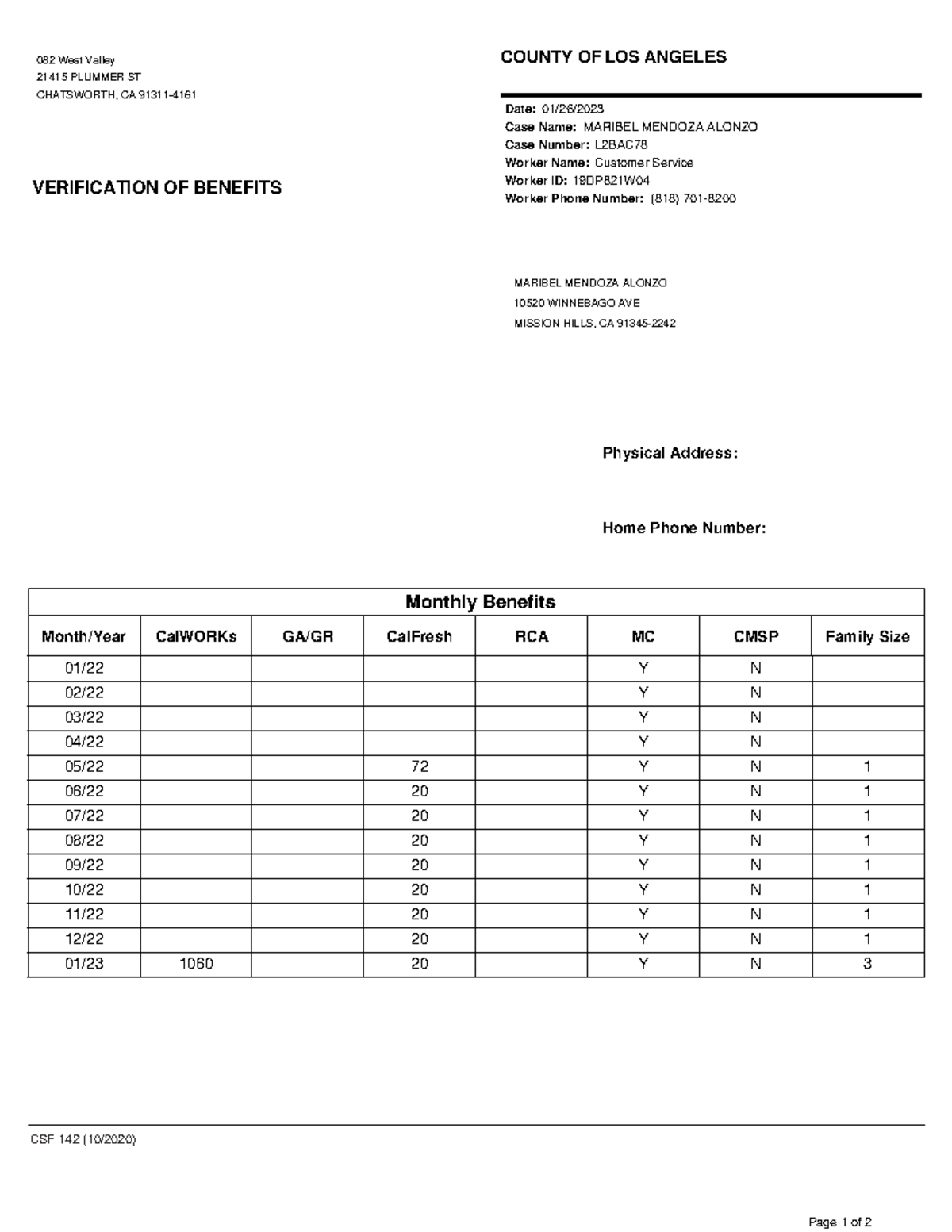 Verification of Benefits - CSF 142 (10/2020) Page 1 of 2 082 West ...