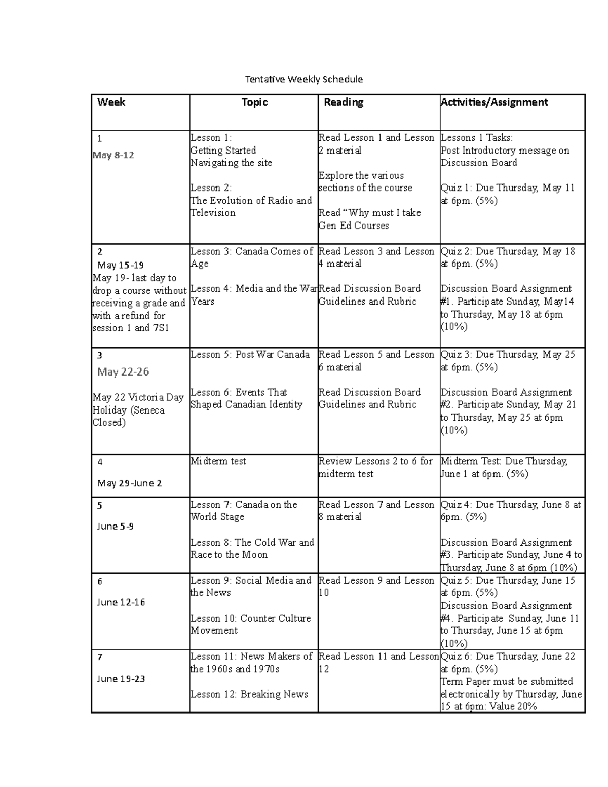 Tentative Weekly Schedule Summer 2023 - Tentative Weekly Schedule Week ...