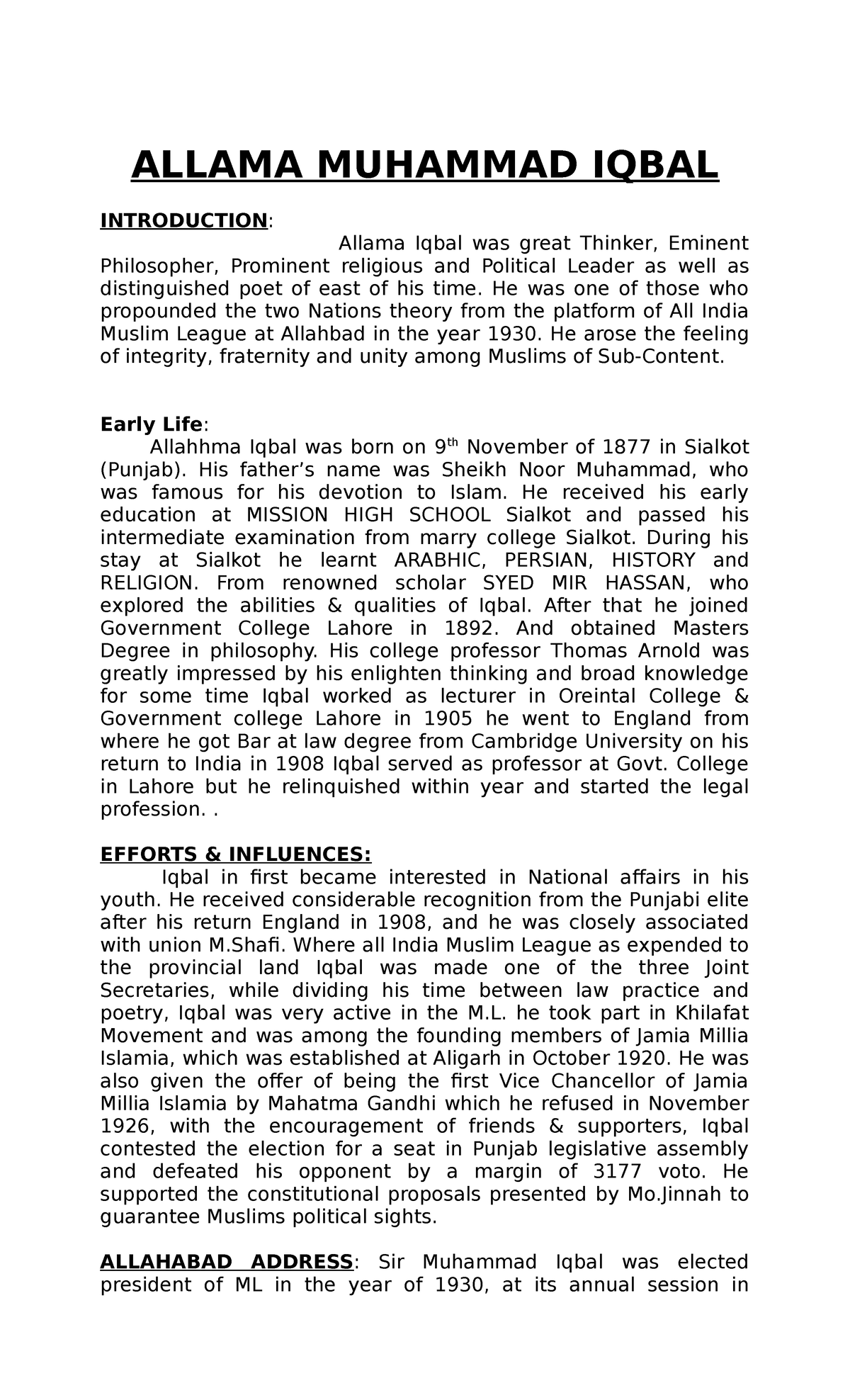 Overview of some topics of Pak study - ALLAMA MUHAMMAD IQBAL ...