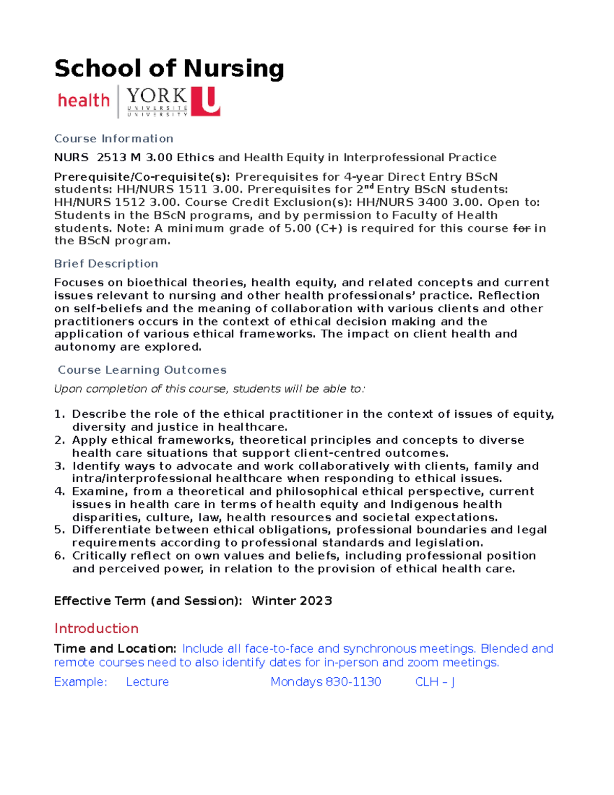 Course outline-NEW 2022 - School of Nursing Course Information NURS ...
