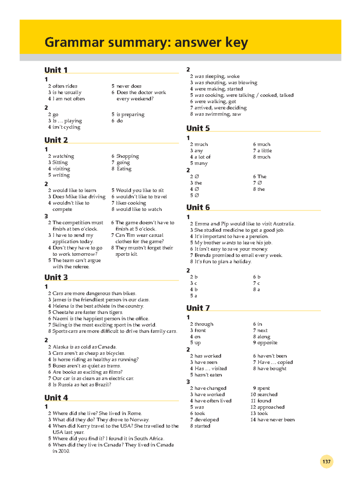 Grammar Reference Answer Key - 137 Grammar summary: answer key 2 2 was ...
