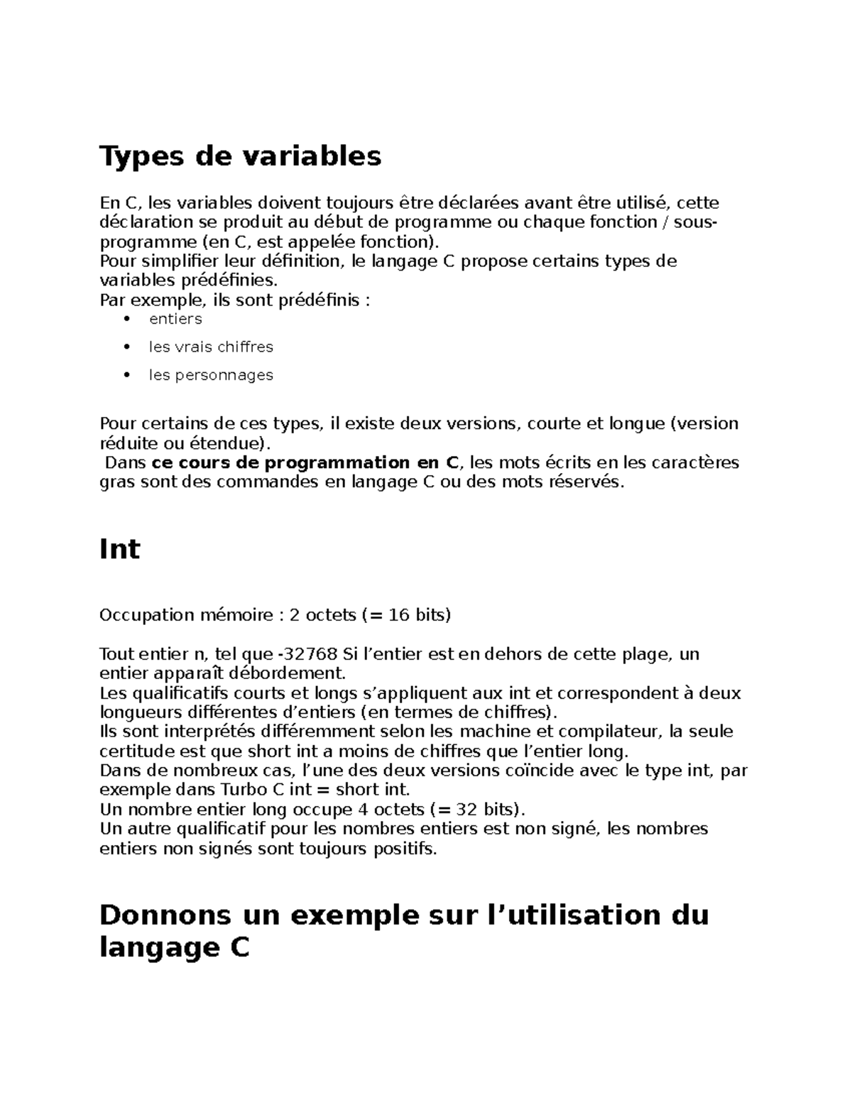 Le langage C 3 - language c part 3 - Types de variables En C, les ...