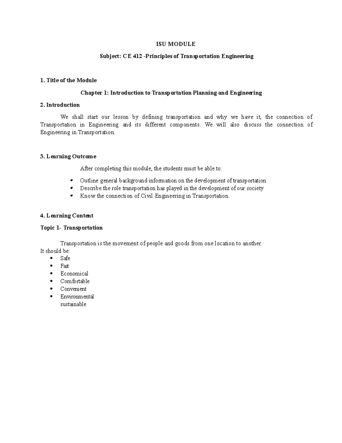 Transpo-1 - ISU MODULE Subject: CE 412 -Principles of Transportation ...