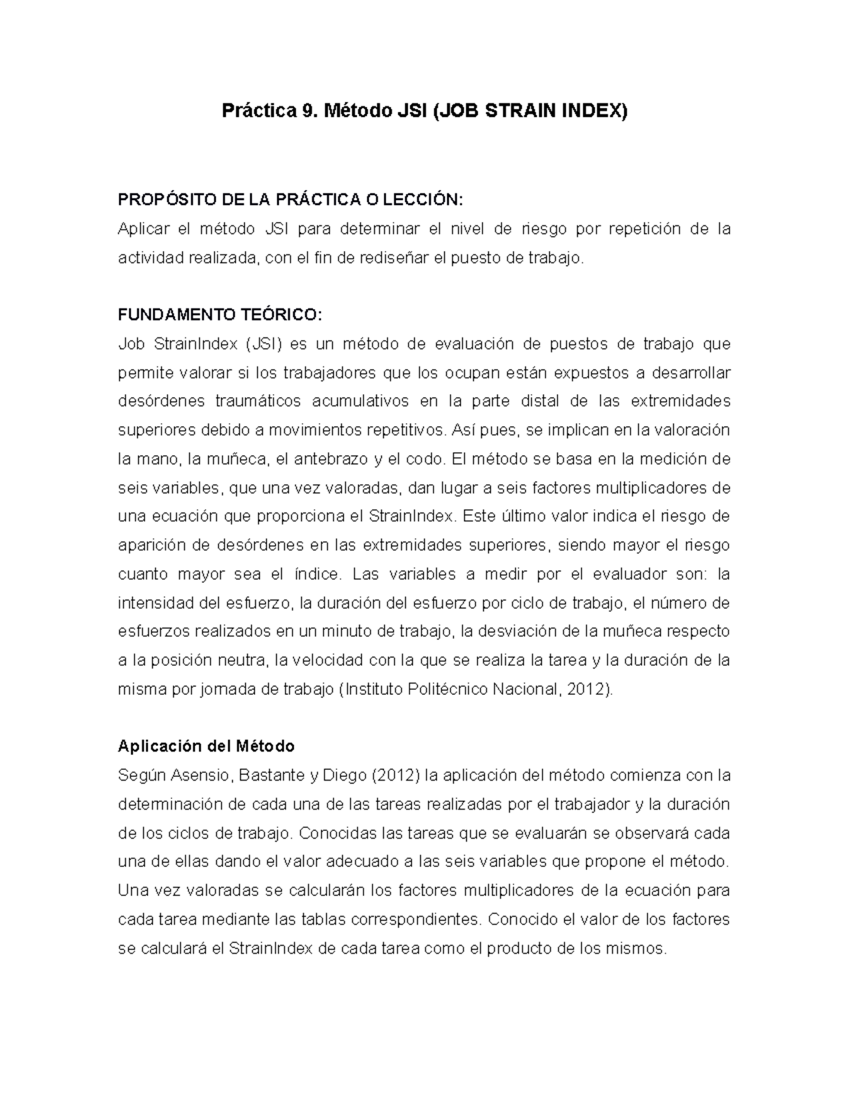 JSI - ERGONOMIA JSI - Práctica 9. Método JSI (JOB STRAIN INDEX ...