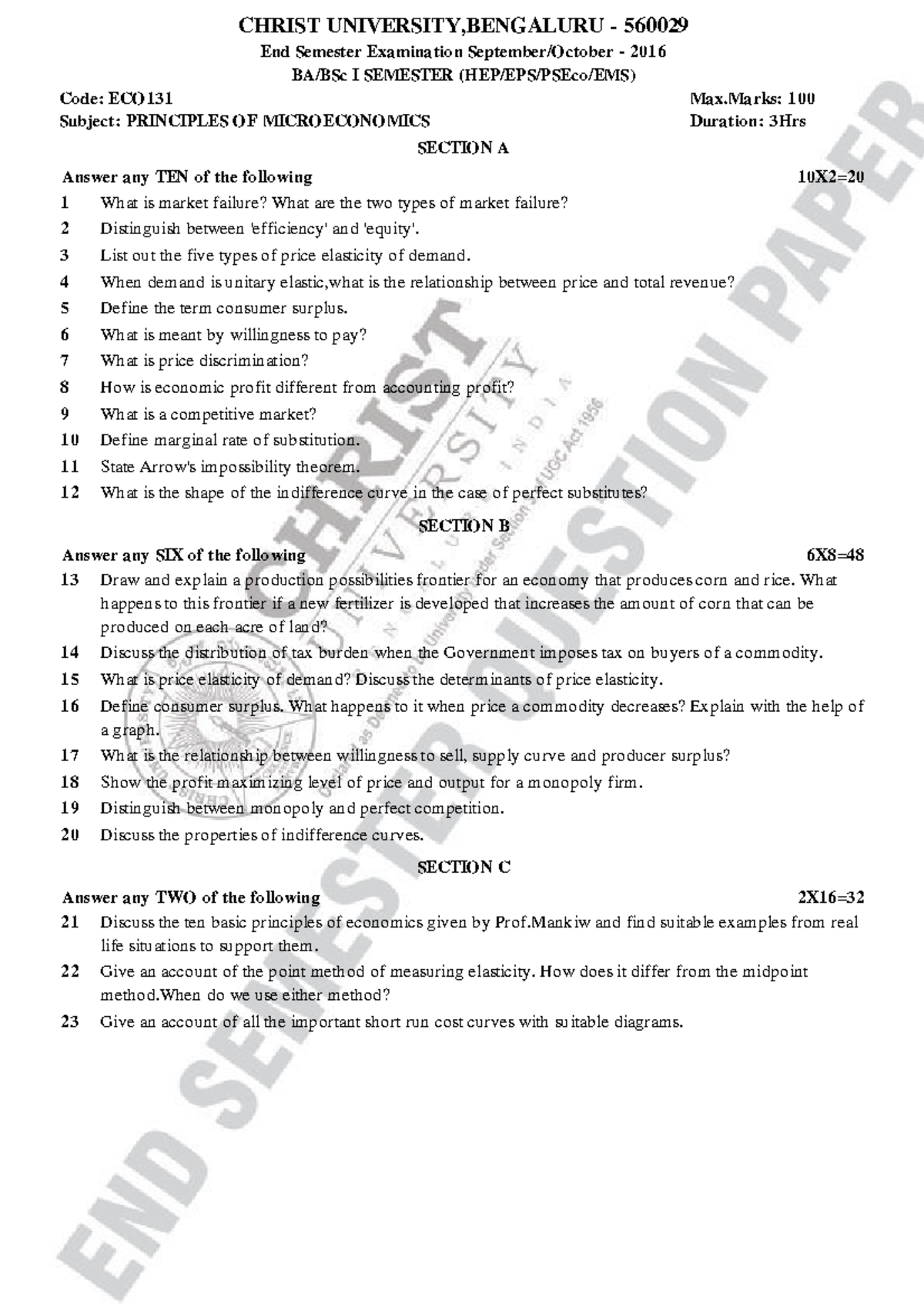 ECO131 - question paper - CHRIST UNIVERSITY,BENGALURU - 560029 End ...