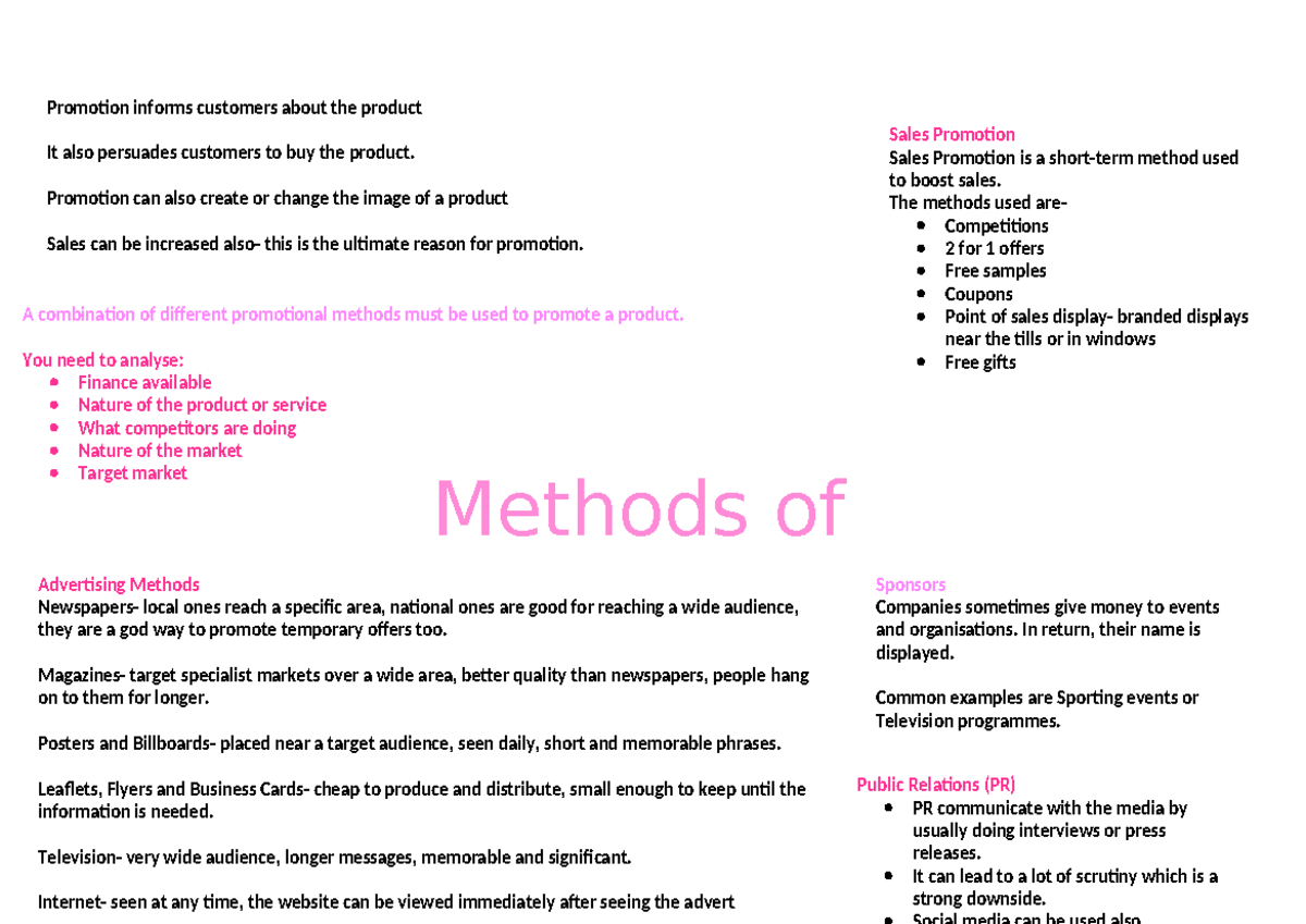 Methods of promotion - Methods of Promotion informs customers about the ...