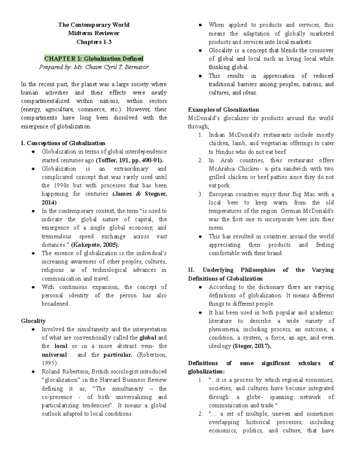 Midterm-Reviewer-TCW - The Contemporary World Midterm Reviewer Chapters 1- CHAPTER 1 ...