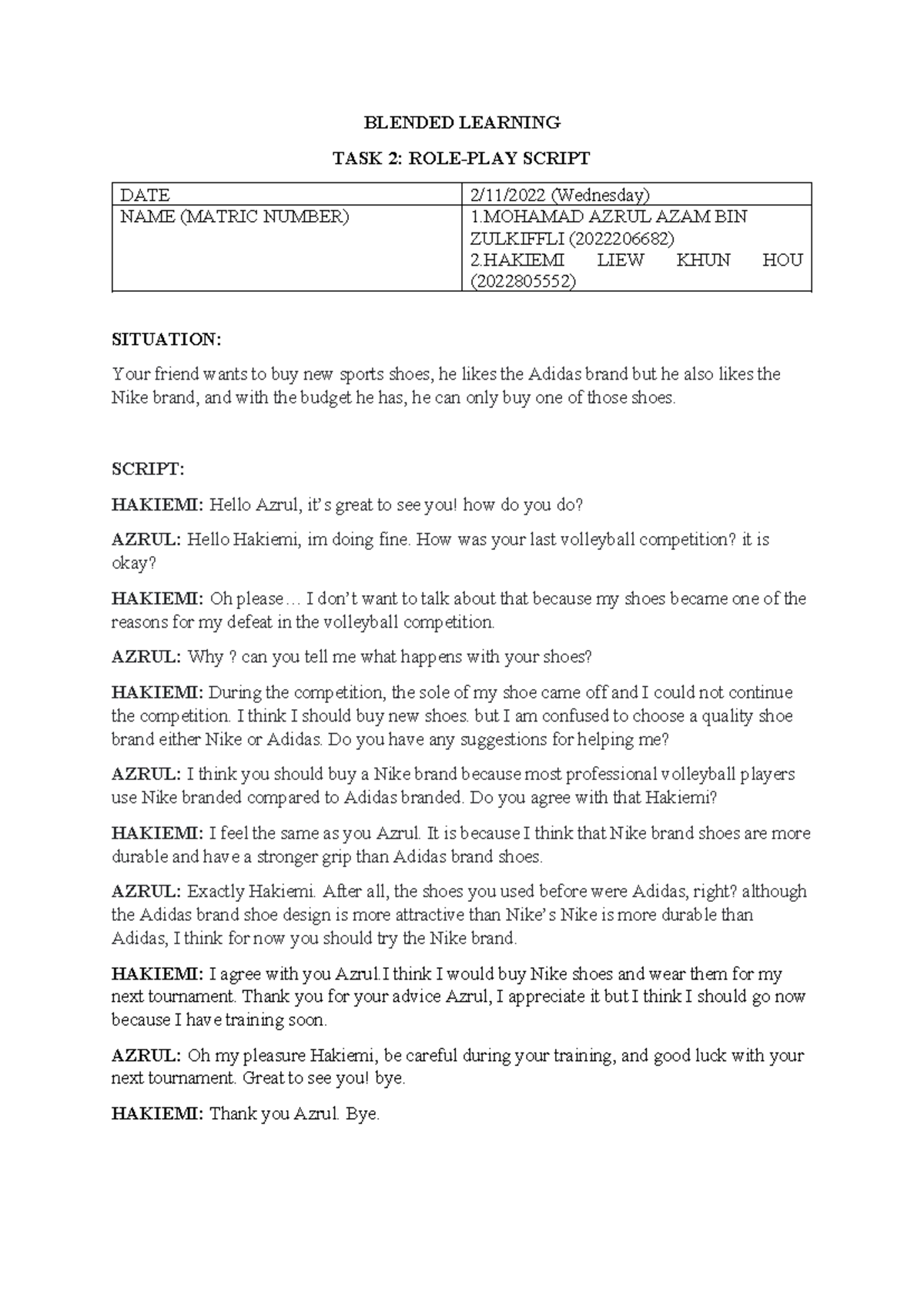 TASK 2 ELC - kkk - BLENDED LEARNING TASK 2: ROLE-PLAY SCRIPT DATE 2/11 ...