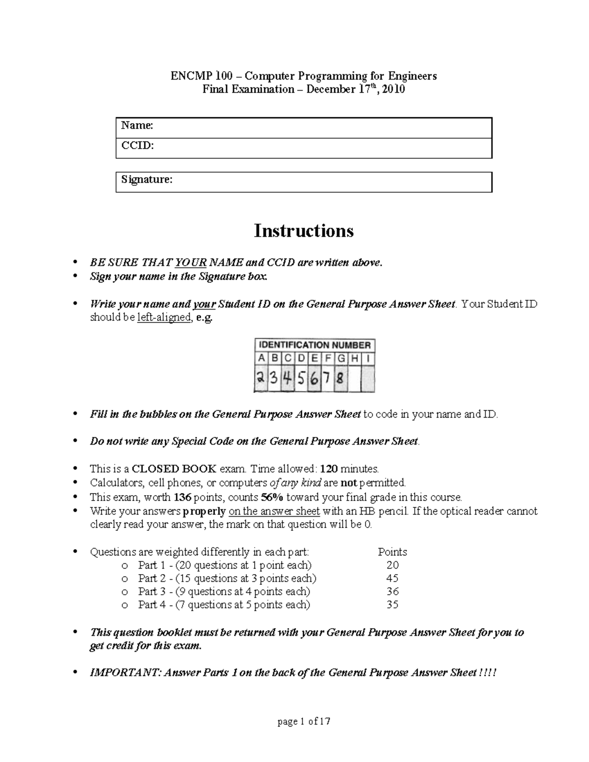 Encmp 100 Fall 2010 final exam - ENCMP 100 – Computer Programming for Engineers Final ...