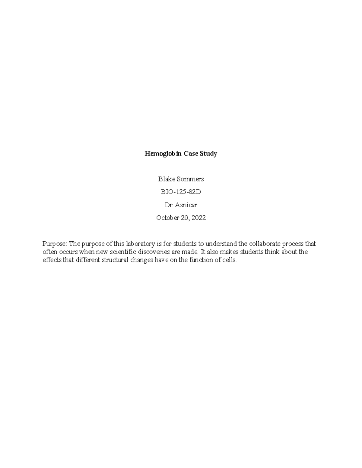 Hemoglobin Case Study Lab Report - Hemoglobin Case Study Blake Sommers ...