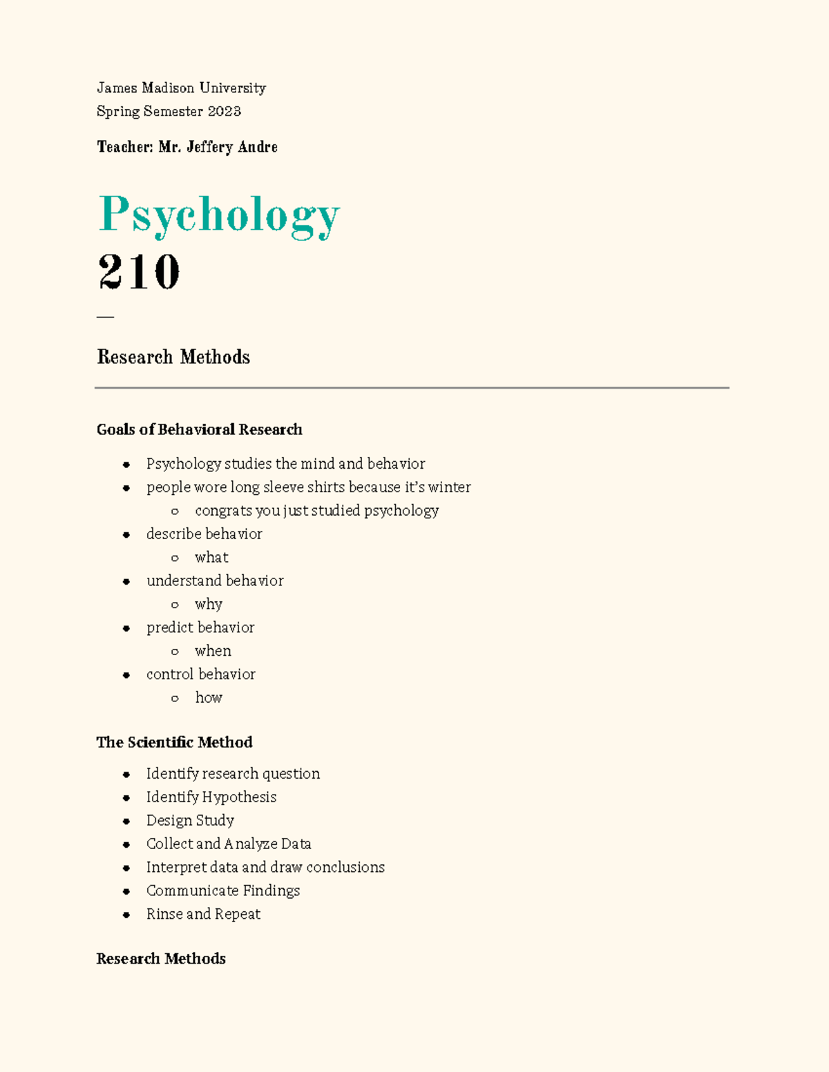 Research Methods - Class 1 Notes - James Madison University Spring ...